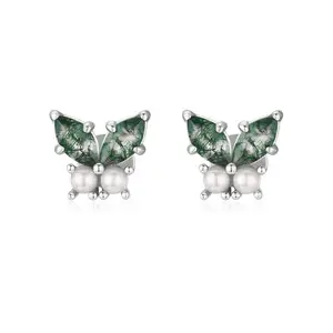 AZURA JEWELRY NEW YORK Monarch Butterfly Moss Agate Earrings White Gold Vermeil - Silver