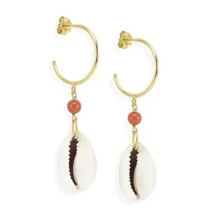 VINTOUCH ITALY White / Gold / Red Cowrie Shell Hoop Earrings With Coral - White/gold/red