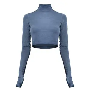 ZHENABIA Long Sleeve Cropped Turtleneck Top - Blue
