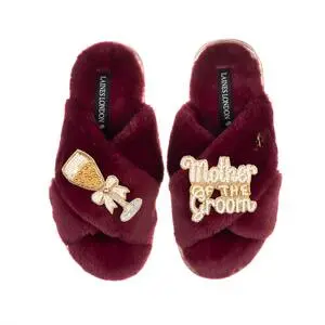 LAINES LONDON Embellished Faux Fur Cross Strap Slippers - Red