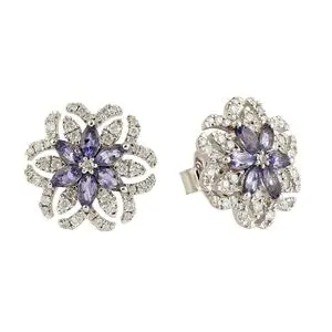 ARTISAN Blue / White Tanzanite & Diamond Floral Cluster Earrings In 18k White Gold - Blue/white