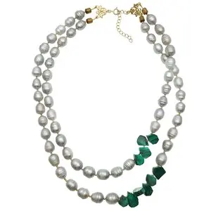 FARRA Gray Freshwater Pearls With Malachite Double Strands Necklace - Green/grey