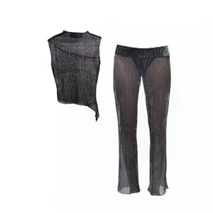 AMORTIZIA Belladona Set Metallic Shimmer Stretch Asymmetric Top & Flared Pants Set