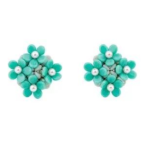 Oana Savu Turquoise Glass Beads Sterling Silver Studs Flower Earrings - Blue