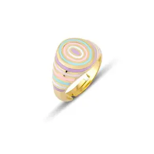 SPERO LONDON Adjustable Multi Pastel Color Enamel Sterling Silver Gold Vermeil Signet Ring - Pink