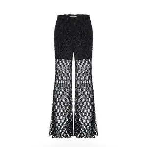 WOMEN & WOMEN Flared Trousers With Decorative Lace, Shimmering Fabric Details, And Lining - Black