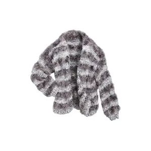 Saachi Eyelash Hand Knit Blue Gray Cardigan - Grey