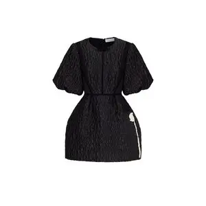 GEORGETTE Textured Mini Dress With Puff Sleeves - Black