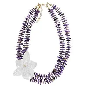 FARRA Charoite With Flower Giant Shell Pendant Double Layers Necklace - Purple