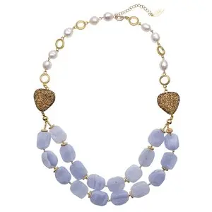 FARRA Lace Agate With Fresh Water Charm Double Layers Necklace - Blue