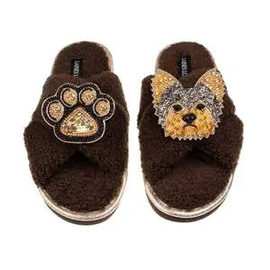LAINES LONDON Neutrals Laines Neutral Boucle Slippers With Minnie The Yorkie & Paw Brooches Chocolate - Brown