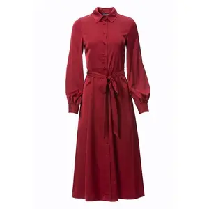 CARLOSLINES Button Down Long Sleeve Shirt Dress In Burgundy Solid - Red