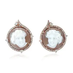 ARTISAN White / Pink Round Cameo Diamond Stud Earrings In 18k Rose Gold - White/pink