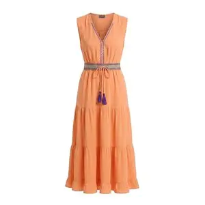 LALIPOP DESIGN Sleeveless Belted Tiered Midi Dress - Orange