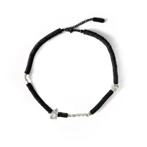 WAIWAI Leather Necklace With Pearls And Clear Quartz Crystals - Black
