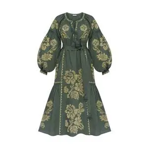 ANNABO Elysian Garden Linen Midi Dress - Green