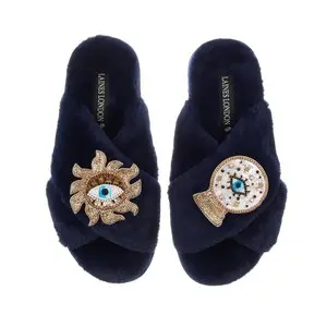 LAINES LONDON Classic Slippers With Mystic Eye Brooches