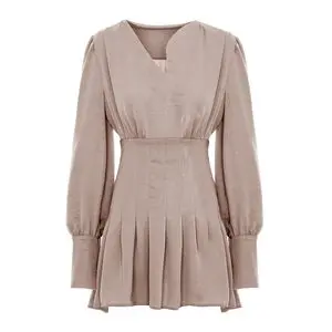 BLUZAT Neutrals Mini Dress With Pleats And Asymmetrical Cut Neck