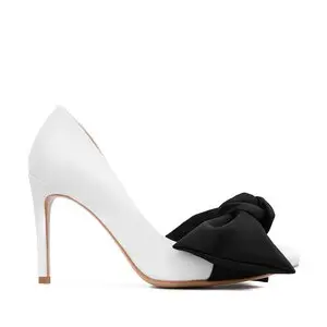 GINISSIMA Samantha Leather And Oversized Black Satin Bow Open Sided Stiletto - White