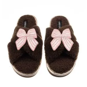 LAINES LONDON Neutrals Laines Neutral Boucle Slippers With Pink Stripe Bow Brooches Chocolate - Brown