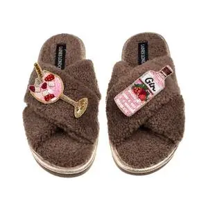 LAINES LONDON Boucle Slippers With Embellished Brooches - Brown