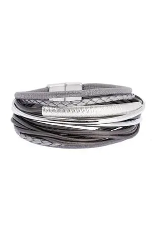 Saachi Multi Strand Shimmer Leather Bracelet - Grey