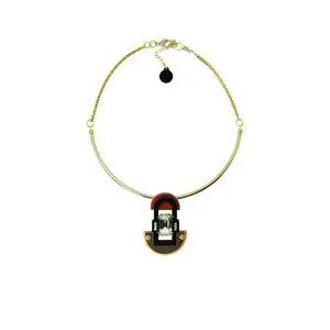 GISSA BICALHO Handmade Acrylic Necklace Pendant Deco Mirror Rectangular Stone Mustard - Brown