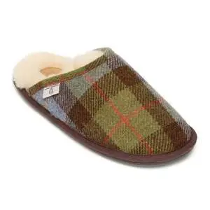 BEDROOM ATHLETICS William Harris Tweed Sheepskin Lined Mule Slippers Chocolate / Green Check - Brown
