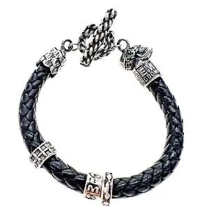 GEM KINGDOM Black / Silver Rebel Rebel Leather Bracelet