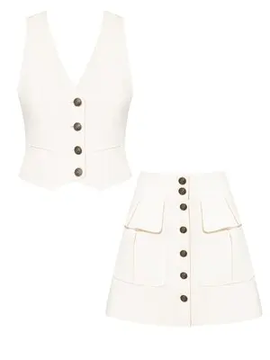TIA DORRAINE Single-breasted Vest & Cargo Mini Skirt Linen Set - White
