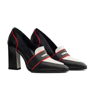 ROSAMUND MUIR LONDON Annabel Lizard Print Block Heel Loafers - Black/white/red