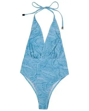 LORDS OF HARLECH Xena Crochet Paisley Teal Halter One-piece Swimsuit - Blue