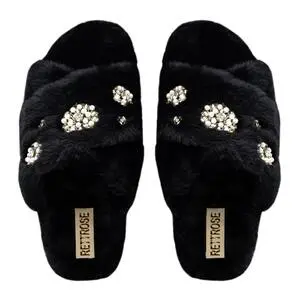 RETTROSE Juliette Luxury Plush Diamanté Embellished Handmade Slipper - Black