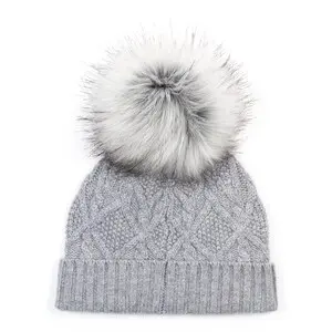 BEL CASHMERE Cable Cashmere Hat With Pon Pon - Grey
