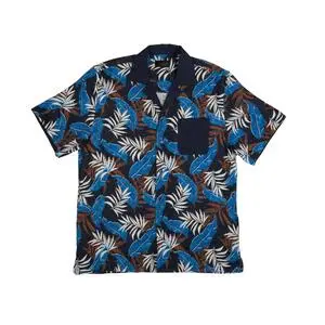 EIGHT X Leaves In The Night Relaxed Fit Linen Blend Short Sleeve Shirt - Blue