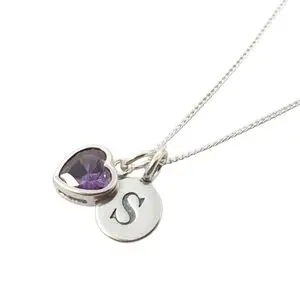 HARFI Mini Initial And Heart Amethyst February Birthstone Charm Sterling Necklace - Silver