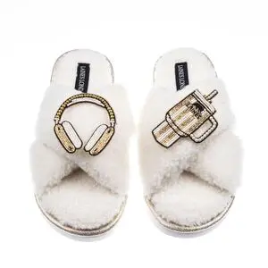 LAINES LONDON Neutrals / Laines Neutral Boucle Slippers With Headphones & Quencher Brooches Cream - White