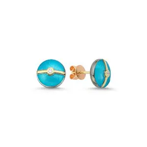 ECCE ARTISAN DIAMONDS Enamelled Mini Multi Diamond Buttons 14k Yellow Gold Earring Turquoise - Blue