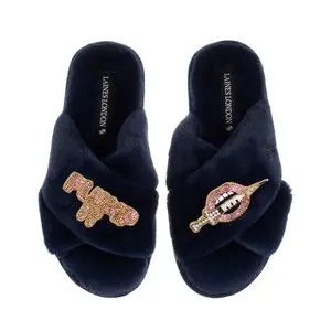 LAINES LONDON Classic Laines Slippers With Plump It Pout Brooches Navy - Blue