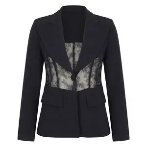 MODENAIRE Lace Panel Blazer Sculpted Form - Black