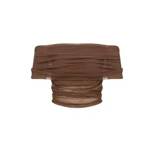 THISISU COLLECTION Sheer Crop Top Lightweight Semi-sheer Cropped Blouse Mocha Muse - Brown
