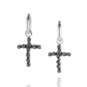 UNALOE Sterling Oxidized Cross Drop Hoop Earrings With Rose Detail - Silver