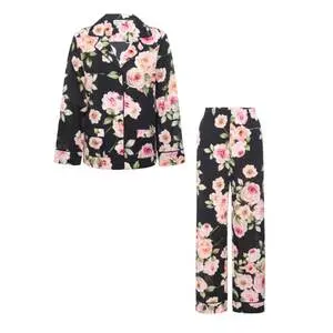 KATRO Black / Red Colony Cabbage Rose Black Cotton Pajamas - Black/red