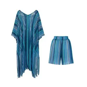 EMANMOON Striped Knit Fringe Kaftan Top And Shorts Set - Blue