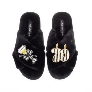 LAINES LONDON Embellished Faux Fur Cross Strap Slippers - Black