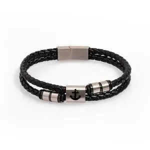 EBRU JEWELRY Black / Silver Silver Anchor Design Black Leather Style Bracelet Silver - Black/silver