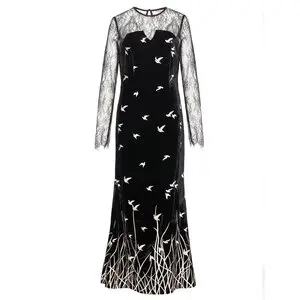 SMART AND JOY Velvet Maxi Dress With Golden Embroidery And Lace