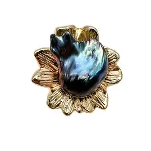 FARRA Gold Flower Setting With Baroque Pearls Brooch/ Pendant - Black