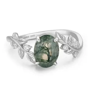AZURA JEWELRY NEW YORK Between The Leaf Oval Moss Agate Ring White Gold Vermeil - Silver