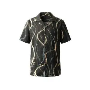 STOVARIA Camp Collar Half Sleeve Organic Cotton Shirt With Abstract Brush Print - Black